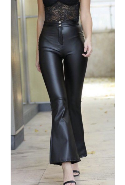 Rain Rose Kadın Ispanyol Paça Siyah Deri Pantolon - Içi Kadife