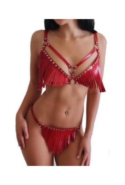 TSM Collection Seksi Siyah Kadın Püsküllü Fantazi Sütyen Harnes Takım