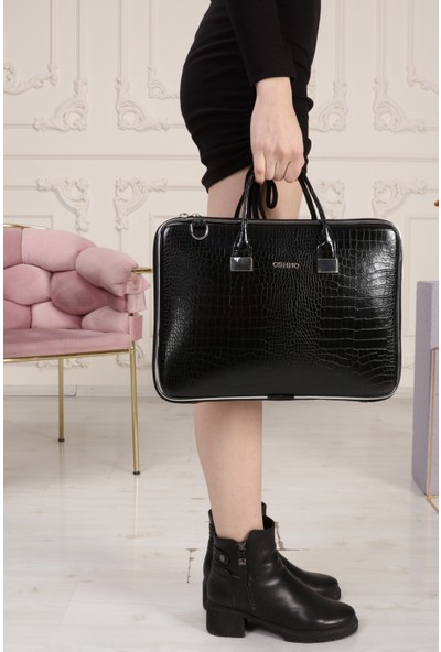 Oshho Kroko Siyah Macbook Air Pro 13 13.3-14 Inç Darbeye Karşı Korumalı Laptop Çantası