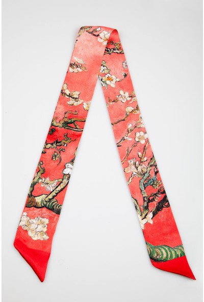 Lila Rosa Desenli Saf Ipek Twill Fular