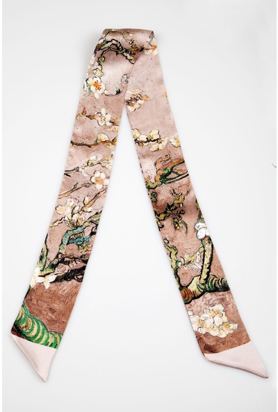 Lila Rosa Desenli Saf Ipek Twill Fular