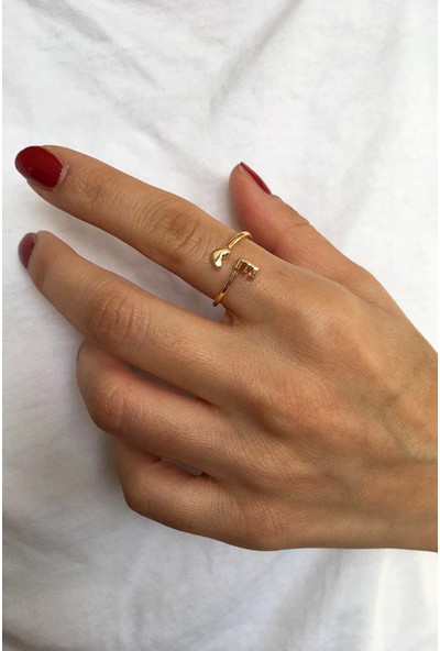 His Takı Gold Önden Ayarlanabilir Kalpli Harf Yüzük E Harfi