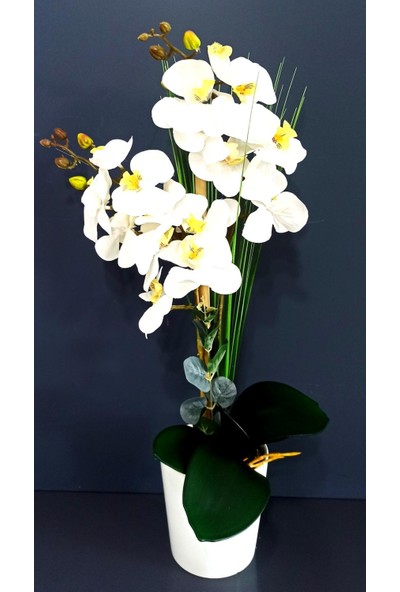 Beyaz Seramik Saksıda Yapay Beyaz Orkide Çiçeği