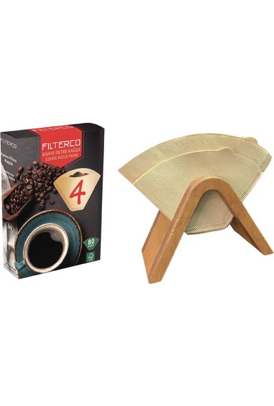 Filterco Fi lterco Kahve filtre Kağıdı 1x4 80'li ve Ahşap filtre Kahve Kağıdı Tutucu Stand Aparatı