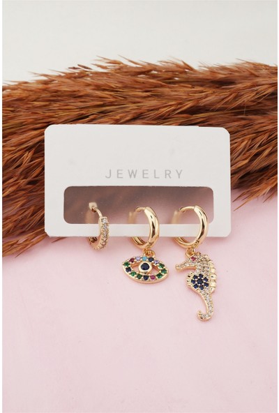 By Zeyna Aksesuar Kadın Altın Kaplama Gold Renk Zirkon Işleme Deniz Atı Model 3 Lü Küpe Set By Zeyna Aksesuar Kadın Altın Kaplama Gold Renk Zirkon Işleme Deniz Atı Model 3 Lü Küpe Set