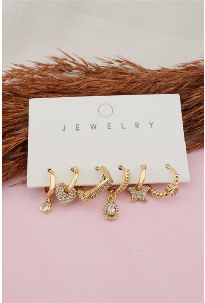 By Zeyna Aksesuar Kadın Altın Kaplama Kararmaz Kalpli Zirkon Işleme 6 Lı Küpe Seti
