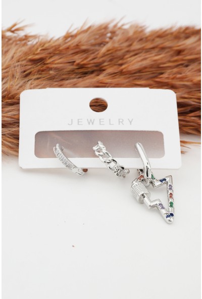 By Zeyna Aksesuar Kadın Altın Kaplama Kararmaz Şimşek Figürlü 3'lü Zirkon Set Küpe