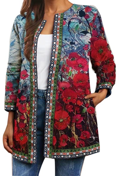Vonluxe Rahat Ceket Renkli Baskı Comfy Sonbahar Kış Yuvarlak Boyun Açık Dikiş Ceket Parti Için Vonluxe Rahat Ceket Renkli Baskı Comfy Sonbahar Kış Yuvarlak Boyun Açık Dikiş Ceket Parti Için