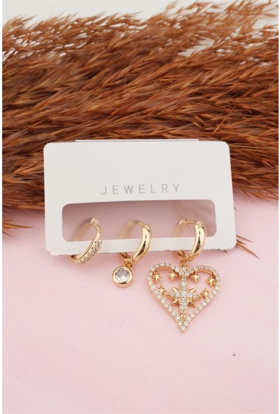 By Zeyna Aksesuar Kadın Kararmaz Kalp Detaylı Zirkon Küpe Set