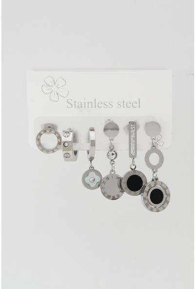By Zeyna Aksesuar Kadın Kararmaz 6'lı Çelik Set Küpe