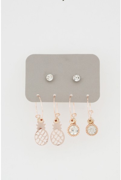 By Zeyna Aksesuar Kadın Ananas Sallantılı ve Tek Taşlı 6'lı Küpe Set