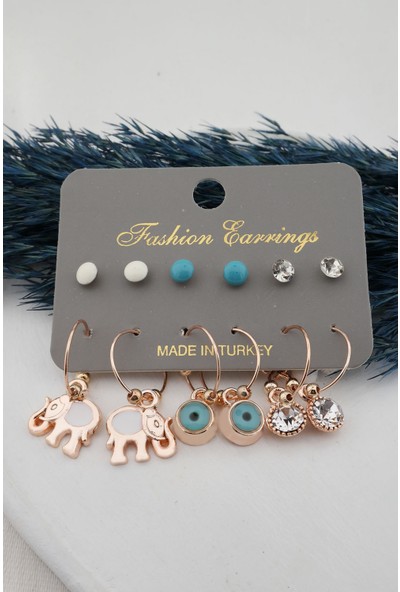 By Zeyna Aksesuar Kadın Beyaz Filli Nazar Boncuklu 12 Li Küpe Seti