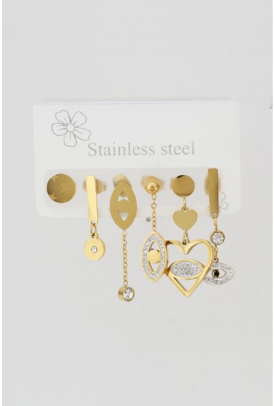 By Zeyna Aksesuar Kadın Kararmaz 6'lı Kalp Figürlü Çelik Set Küpe