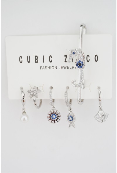 By Zeyna Aksesuar Kadın Kararmaz Altın Kaplama Kıkırdak Deniz Atı Figürlü 6'lı Zirkon Set Küpe