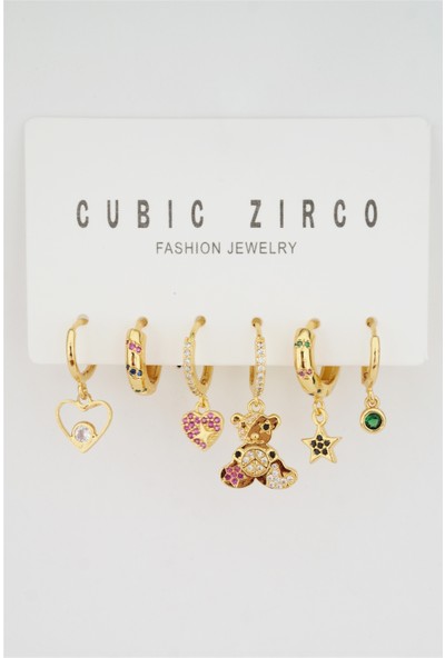 By Zeyna Aksesuar Kadın Kararmaz Altın Kaplama Ayıcık Detaylı 6'lı Zirkon Set Küpe