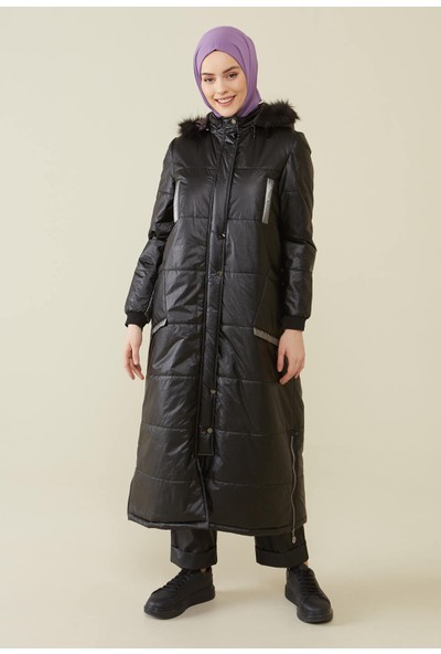 SETRMS Siyah Kapişonlu Uzun Parlak Şişme Kaban 2213089