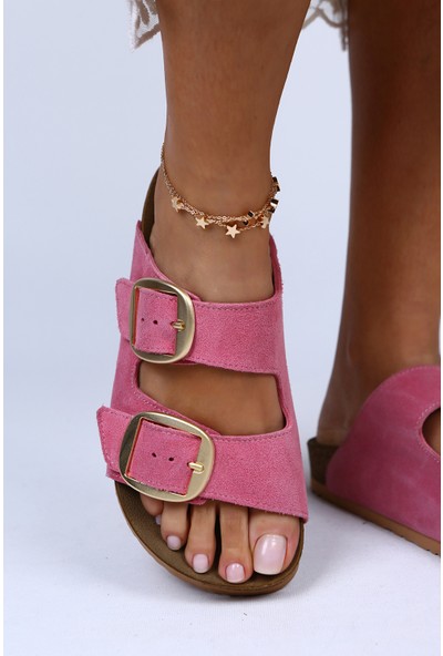 Manijero Irene Hakiki Deri Çift Tokalı Pembe Terlik Manijero Irene Hakiki Deri Çift Tokalı Pembe Terlik