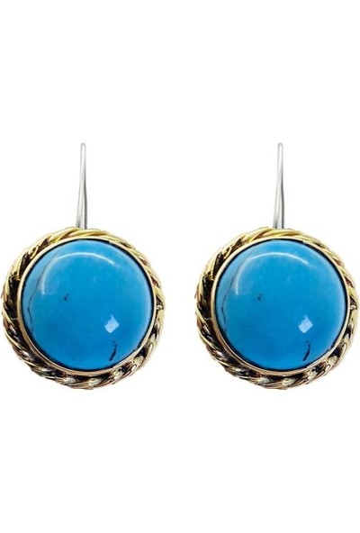 Midyat Gümüşü Yuvarlak Firüze Taşlı Sarma Gümüş Kadın Küpe