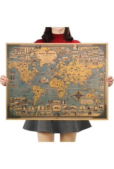 Caph Design Dünya Harikaları Haritası Vintage Kraft Poster - 33X48CM