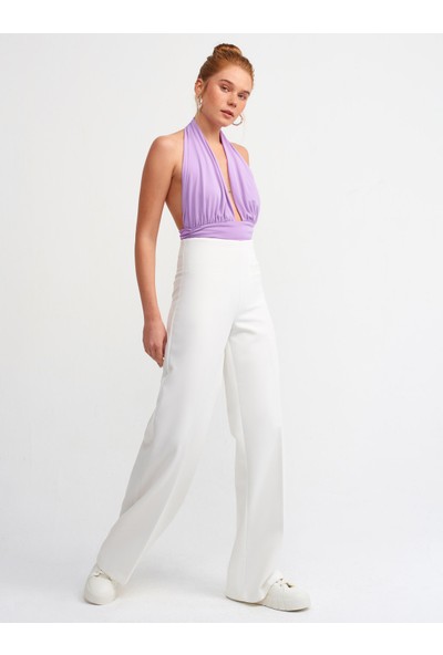 Dilvin 4949 Dökümlü Palazo Pantolon-Beyaz