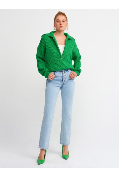 Dilvin 10140 Polo Yaka Fermuarlı Kazak-Yeşil