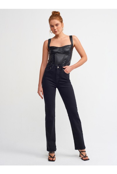 Dilvin 70236 Paçası Yırtmaçlı Siyah Borupaça Pantolon-Siyah