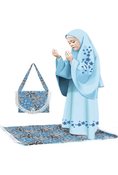 Liyavera Mavi Renkli Yıldız Desenli Uzun Başörtülü Çanta ve Seccadeli Kız Çocuk Namaz Elbisesi 940M