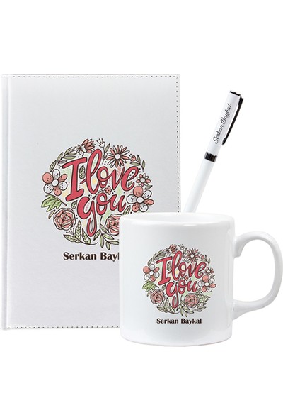 Hediye Rengi Isme Özel Ajanda Kalem ve Kupa Bardak Seti - Çiçek Detaylı I Love You Baskılı Hediye Rengi Isme Özel Ajanda Kalem ve Kupa Bardak Seti - Çiçek Detaylı I Love You Baskılı