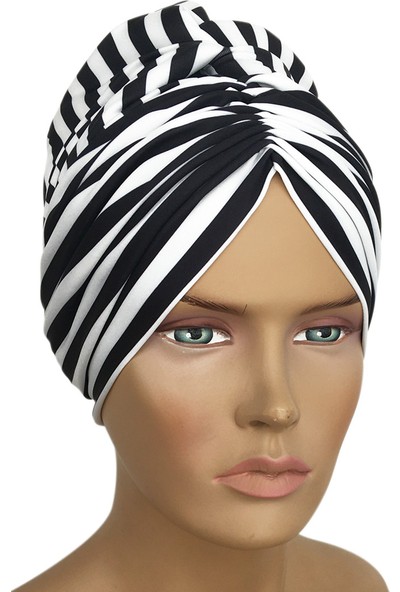 Vera Bone Drape Model Hazır Türban Siyah Beyaz Çizgili Vera Bone Drape Model Hazır Türban Siyah Beyaz Çizgili