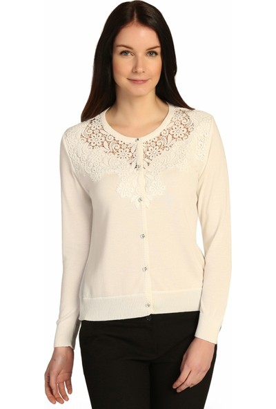 Solo Dantel Detaylı Taş Düğmeli Triko Hırka Italyan Yün Solo Dantel Detaylı Taş Düğmeli Triko Hırka Italyan Yün