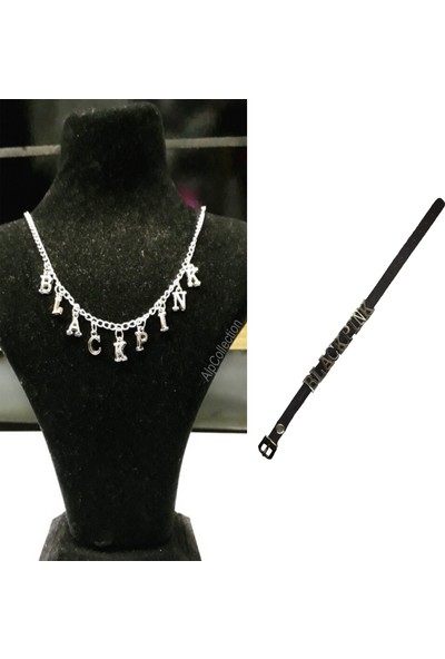 Alp Collection Gri Blackpink Harf Kolye ve Deri Bileklik Ikili Set Takı