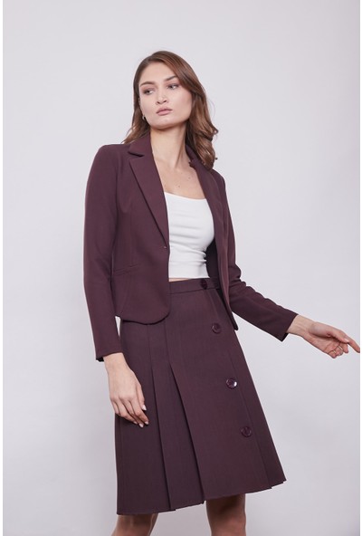 Yakalı Flato Cepli Uzun Kol Pamuklu Kumaş Kısa Blazer Ofis Ceket-Mürdüm Yakalı Flato Cepli Uzun Kol Pamuklu Kumaş Kısa Blazer Ofis Ceket-Mürdüm