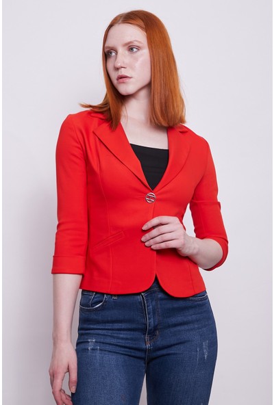 Yakalı Flato Cepli Capri Truvakar Kol Kısa Blazer Ceket-Açık Kırmızı Yakalı Flato Cepli Capri Truvakar Kol Kısa Blazer Ceket-Açık Kırmızı