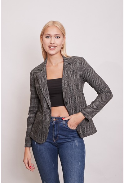 Yakalı Süs Cepli Uzun Kol Ofis Kumaş Blazer Ceket-Gri Siyah Ekose