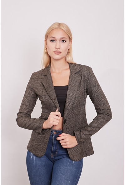 Desenli Yakalı Flato Cepli Uzun Kol Blazer Ceket-Kahve Ekose Desenli Yakalı Flato Cepli Uzun Kol Blazer Ceket-Kahve Ekose