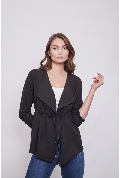Viskon Poplin Şal Yaka Beli Bağcıklı Kolu Apoletli Uzun Kol Kadın Hırka -Siyah Viskon Poplin Şal Yaka Beli Bağcıklı Kolu Apoletli Uzun Kol Kadın Hırka -Siyah