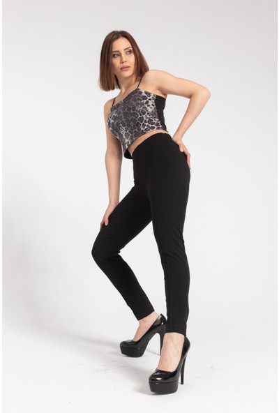 Power Strech Likralı Dar Kesim Yüksek Bel Beli Lastikli Bilek Boy Pantolon-Siyah