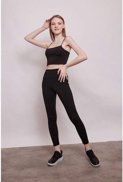 Yüksek Bel Kalın Kemerli Kalın Çelik Kumaş Tayt-Siyah