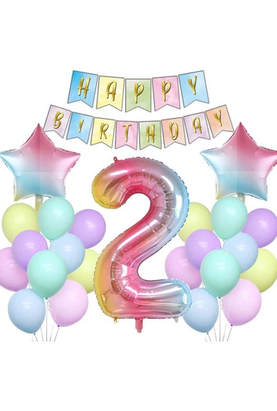 Patladı Gitti Gökkuşağı Konsepti 2 Yaş Doğum Günü Parti Kutlama Seti; Rakam ve Yıldız Folyo, Banner ve Makaron Balon Patladı Gitti Gökkuşağı Konsepti 2 Yaş Doğum Günü Parti Kutlama Seti; Rakam ve Yıldız Folyo, Banner ve Makaron Balon