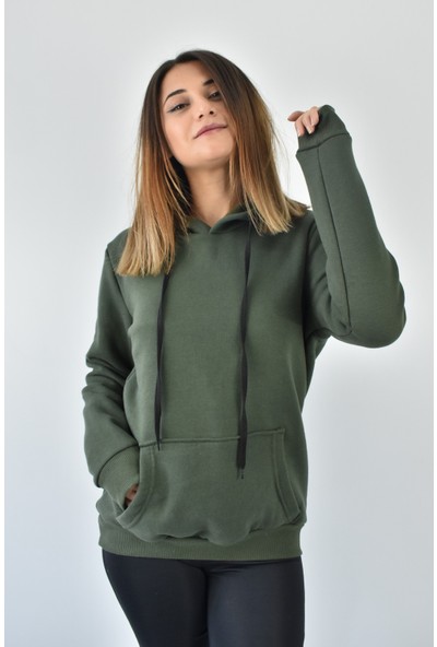 Zidan 268 3 Iplik Kanguru Cep Kadın Kapşonlu Sweatshirt - Haki