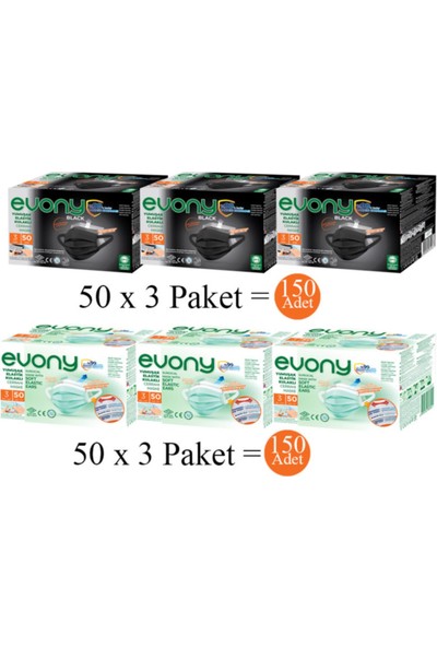 EVONY Siyah Elastik Kulaklı Maske 150 Adet + Yeşil Elastik Kulaklı Maske 150 Adet EVONY Siyah Elastik Kulaklı Maske 150 Adet + Yeşil Elastik Kulaklı Maske 150 Adet