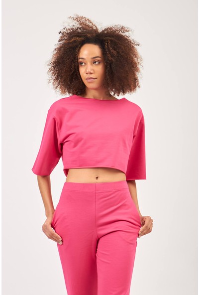 Kayık Yaka Pis Dikişli Sweat Fuşya