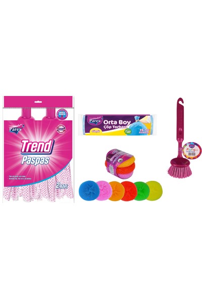 Parex Set Fışfış Bulaşık Fırçası Trend Paspas 2'li Çizmez Ovma Teli 3'lü Çöp Torbası Orta Boy 15'li