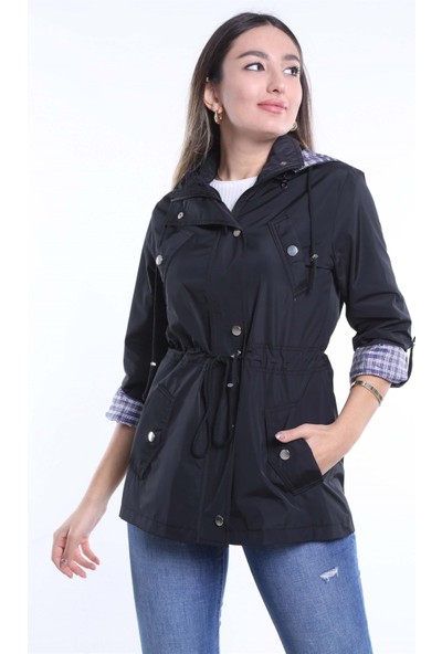 İntersivin Çıkarılabilir Kapüşonlu Fermuar ve Çıt Çıt Kapamalı Kadın Trençkot