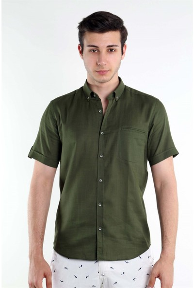 Intersivin Pamuklu Yeşil Cep Detaylı Kısa Kollu Erkek Gömlek