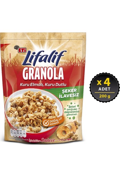 Eti Lifalif Granola Kuru Elmalı Kuru Dutlu 200 g x 4 Adet
