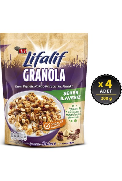 Eti Lifalif Granola Kuru Vişneli, Kakao Parçacıklı, Fındıklı 200 g x 4 Adet Eti Lifalif Granola Kuru Vişneli, Kakao Parçacıklı, Fındıklı 200 g x 4 Adet
