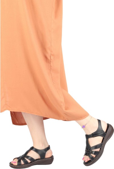 Hakiki Deri Siyahanatomik Dolgu Tabanlı Sandalet - Pofty