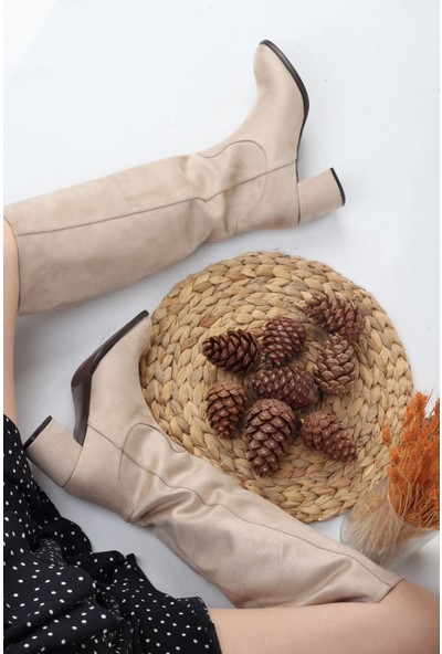 Dizaltı Vizon Süet Topuklu Kadın Çizme - Berla