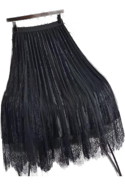 Gogoo Altın Kadife Etek Kadın Ilkbahar ve Sonbahar Yeni Orta Uzunlukta Tüm Maç Yüksek Bel Pilili Etek Dantel Örgü Etek-Siyah (Yurt Dışından)